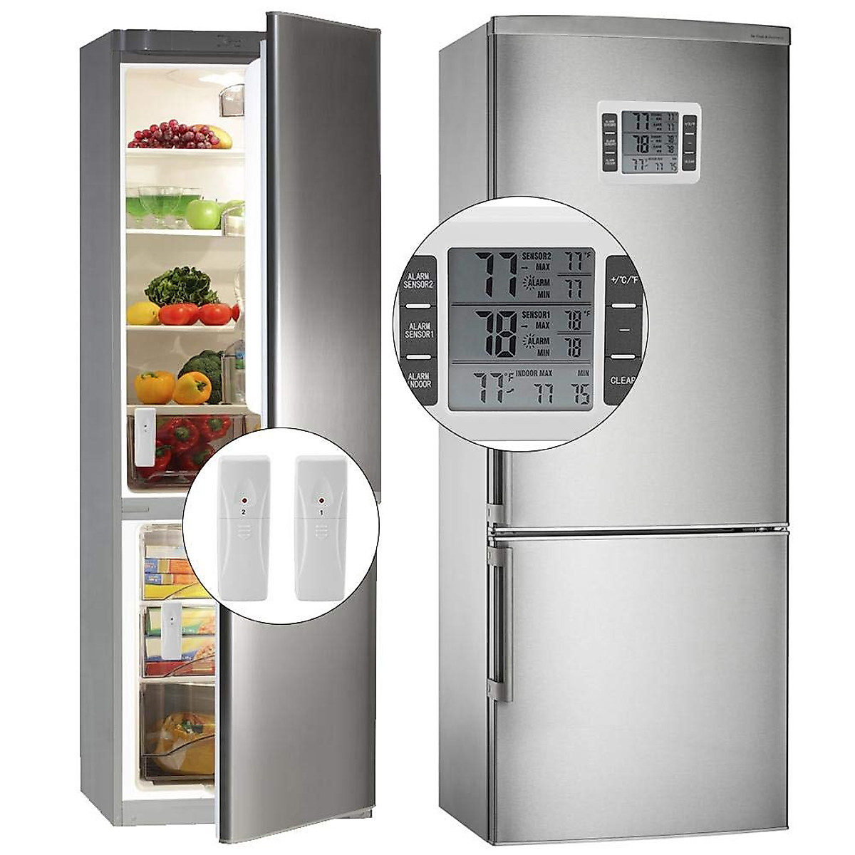 Fridge Thermometer, Digital Freezer Thermometer, Wireless Thermometer with 2 sensors and Acoustic Alarm, Refrigerator Freezer Inside Outside Thermometer, for Kitchen Home Motorhome