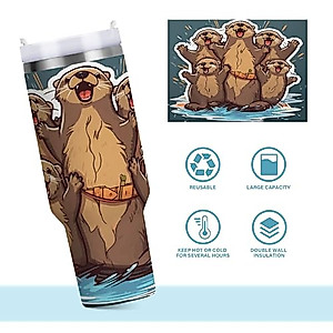 Exnundod 40 oz Tumbler with Handle Cheerful Sea Otters Insulated Stainless Steel Cup with Lid and Straw Travel Cup Leak-proof Fits in Car Cup Holder for Iced & Hot