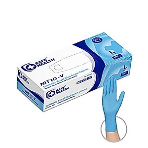 Safe Health NITRO-V Nitile-Vinyl Synthetic Exam Disposable Gloves, Latex Free, Powder Free, Blue, Box of 100, Large, Medical Grade, Clinic, Nursing, Food, Hair Salon, Cleaning, Housework
