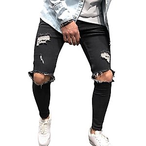 Maiyifu-GJ Skinny Ripped Jeans for Men Distressed Destroyed Slim Fit Denim Pants Biker Hip Hop Jean Trousers with Holes (Black,4X-Large)