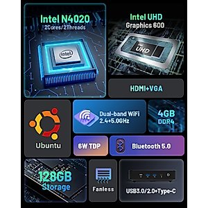ATOPNUC Ubuntu Linux Mini PC,Intel Celeron N4020 Linux Computer 4GB RAM 128GB eMMC,Fanless Micro Desktop Computer Suppport HDMI&VGA,2.4/5G WiFi,BT5.0,Gigabit Ethernet for Business, Home