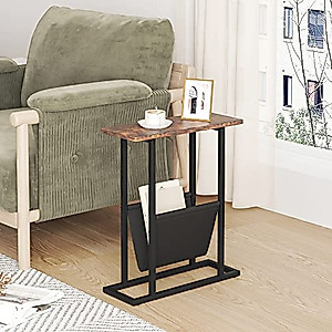 Yusong Small Narrow Side Table for Small Spaces, Slim End Table Magazine Table Nighstand with Storage Holder, Accent Skiny Snack Couch Beside Table, Rustic Brown