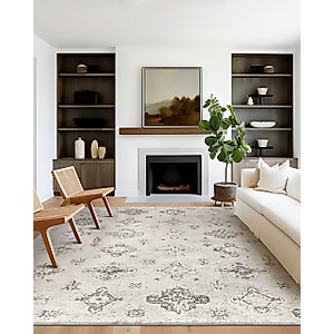 Disolla Washable Moroccan Area Rug 8x10ft for Living Room Bedroom Large Soft Indoor Decor Carpet Non Slip Distressed Neutral Low Pile Floor Rugs for Dining Room Office, Beige & Gray