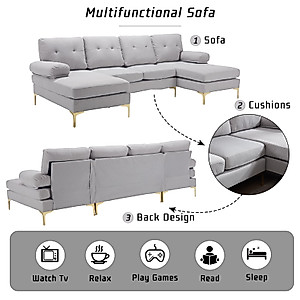 RXRRXY Modern 106'' U Shaped Sectional Couch, Oversized 4 Seater Sofa with Double Chaise, Sleeper Sofa with Chenille Fabric and Sturdy Metal Legs for Bedroom, Living Room, Apartment (Gray)