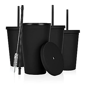 Waipfaru 4 Pack Acrylic Tumbler 16Oz, Acrylic Tumbler with Lids and Straws, Matte Colored Plastic Tumbler for Customized Gift, Double Wall Plastic Tumbler for Cold Hot Drinks (Black)