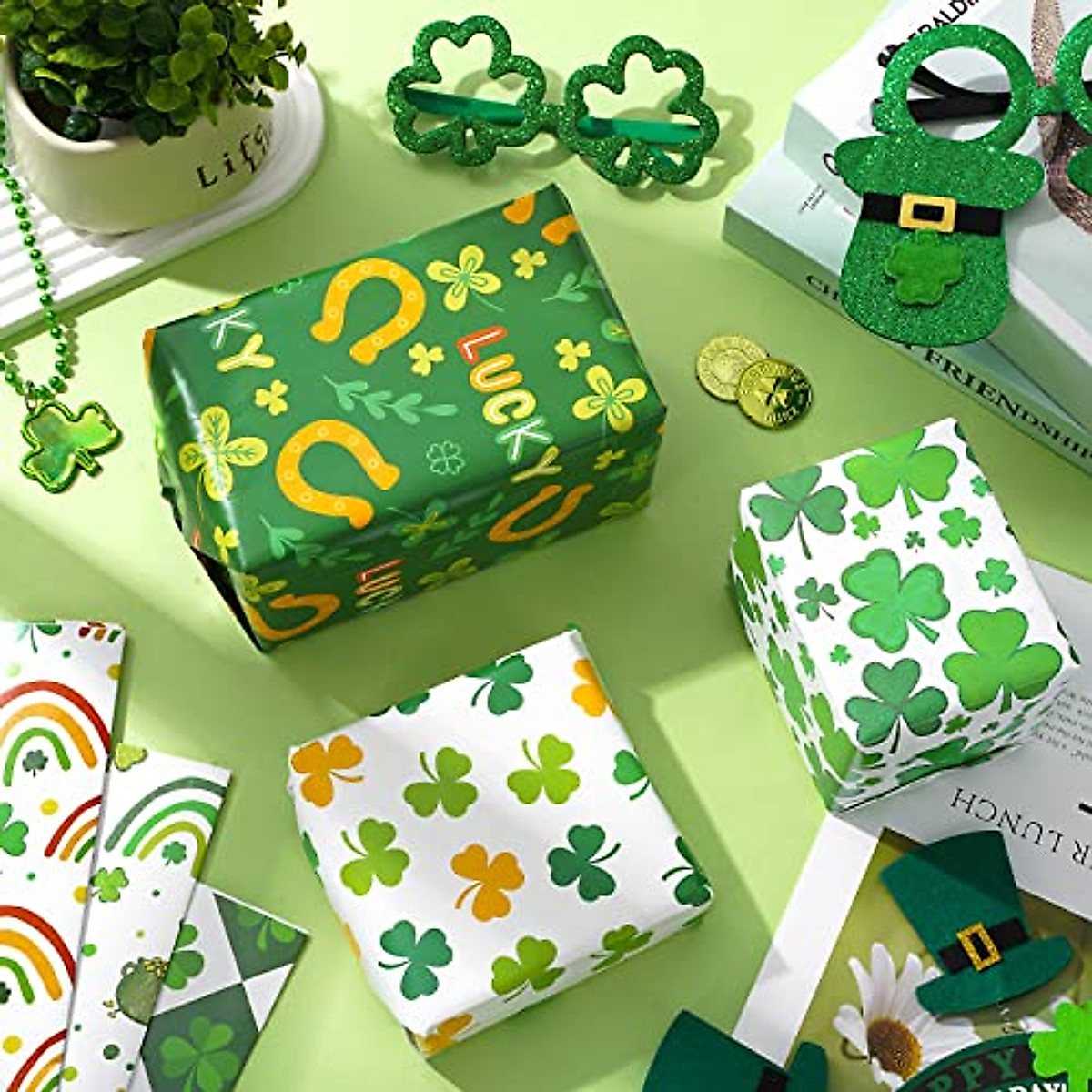 AnyDesign 12 Sheet St. Patrick's Day Wrapping Paper 6 Design Green Lucky Shamrock Rainbow Print Wrapping Paper Decorative Art Paper for Holiday Party Celebration, 19.7 x 27.6 Inch, Folded Flat