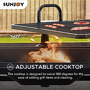 Sunjoy 38 in. Fire Pit for Outside, Square Wood Burning Firepit Large Steel Fire Pits with Adjustable Cooking Swivel BBQ Grill and Fire Poker Black