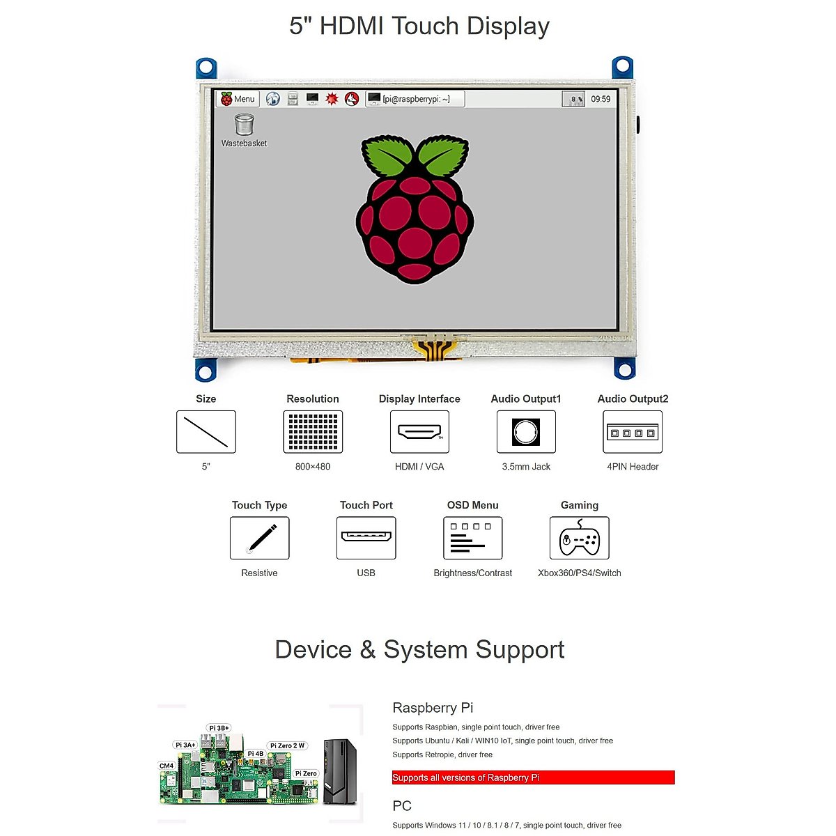 5inch 800x480 Resistive Touch Screen LCD Display Monitor HDMI Interface Supports Raspberry Pi 4 3 2 Model B A+ B+ BB Black Banana Pi Supports Game Console XBOX360 Sony PS4 Nintendo Switch @XYGStudy