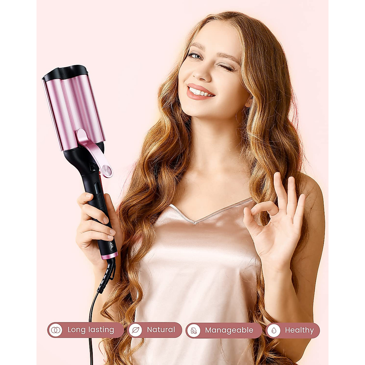Wavytalk Professional Hair Crimper Curling Iron Wand Hair Waver 3 Barrel Beach Waves Rose Gold