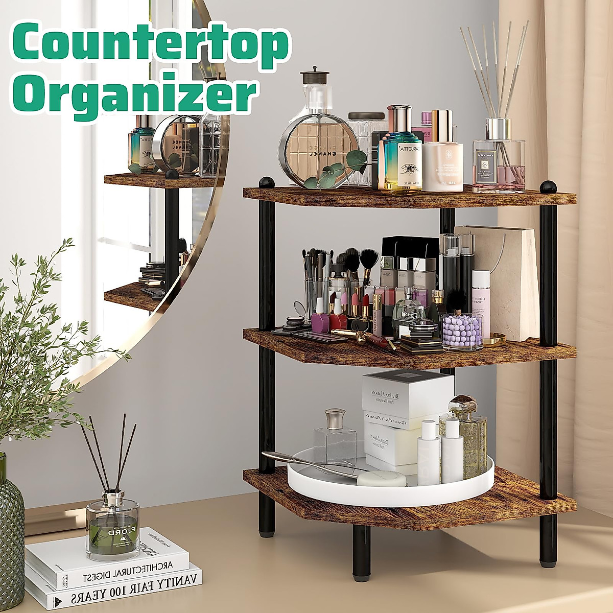 MOFAIN Desktop Corner Stand Shelf for Storage, 3 Tier Corner Shelf Organizer, Rustic Brown Rack for Small Spaces, Home Office, Kitchen, Bathroom