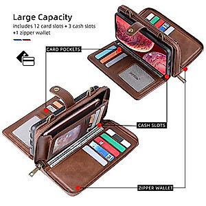 QIXIU for iPhone 12 Pro Max Wallet Case, Multi-Function Wallet Case, Detachable 3 in 1 Magnetic iPhone 12 Pro Max Case Wallet, Flip Strap Zipper Card Holder Phone Case with Shoulder Straps(Brown)
