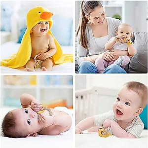 Vicloon Baby Teether Toys, Silicone & Natural Wood Teether Ring, Baby Teething Toys for Babies 0 Months+, Silicone Chewable Rings for Newborn Gift（Yellow）