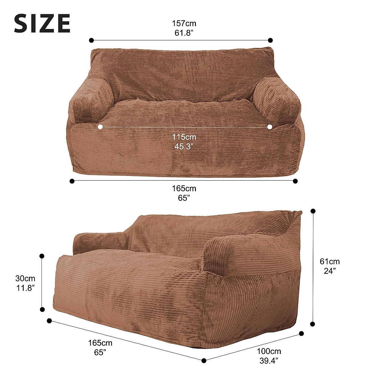 N&V Giant Twin Size Bean Bag Sofa, Foam Filling Floor Sofa, Includes Removable and Machine Washable Cover, Brown