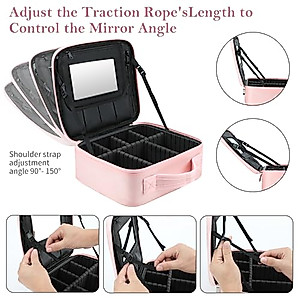 DROWIN Pink Makeup Bag with Mirror, Makeup Bags for Women, Travel Makeup Train Case, Makeup Organizer Bag, Adjustable Dividers & Support Straps, Portable Storage Bag for Makeup Brushes Toiletry