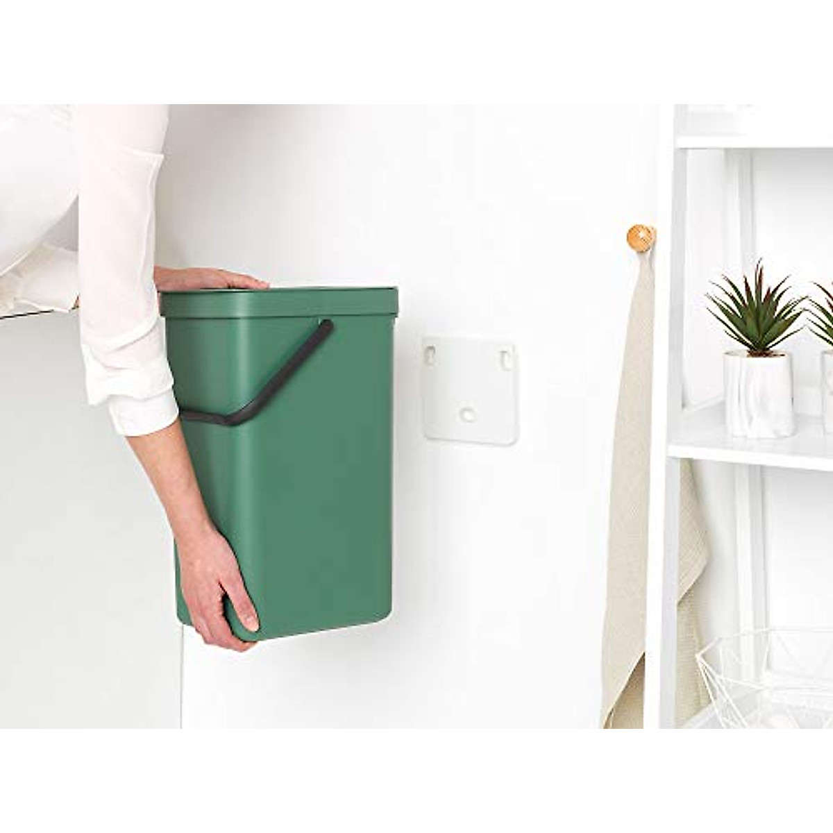 Brabantia Sort & Go Kitchen Recycling Bin (16 L/Fir Green) Stackable Waste Organiser with Handle & Removable Lid, Easy Clean, Fixtures Included for Wall/Cupboard Mounting