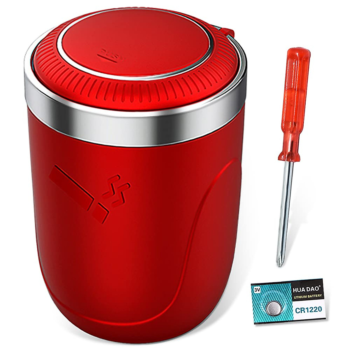 BALUME Car Ashtray with Lid, Portable Ashtray for Car, Mini Car Trash Can, Detachable Stainless Steel Smokeless Ash Tray with LED Blue Light, Windproof for Outdoor Travel Home Use (Red)
