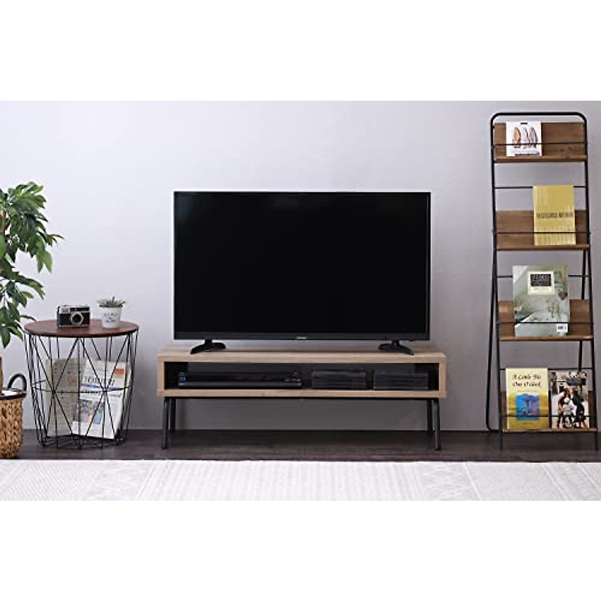 IRIS USA Low Multi-Purpose TV Stand with Black Steel Metal Frame and Legs, Coffee Table Entertainment Center Media Console for Living Room Storage and Organization, Ash Brown