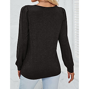 ZESICA Women's 2024 Casual Long Sleeve T Shirts Lace V Neck Trendy Basic Tops Summer Fall Tee Blouse,Black,Medium