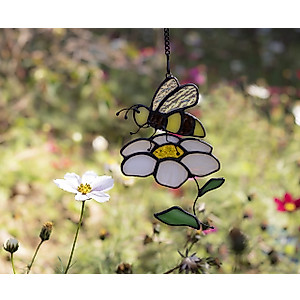 HAOSUM Bee Suncatcher Flower Stained Glass Window Hangings, Bee Decor Party Birthday Bee Gifts for Women,Bee Lovers, Housewarming Gifts.
