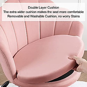 Furnimart Home Office Chair with Wheels Upholstered Comfy Velvet Desk Chair Stool, Adjustable Swivel Modern Seashell Back Vanity Chair for Living Room, Bedroom, Office (Pink)