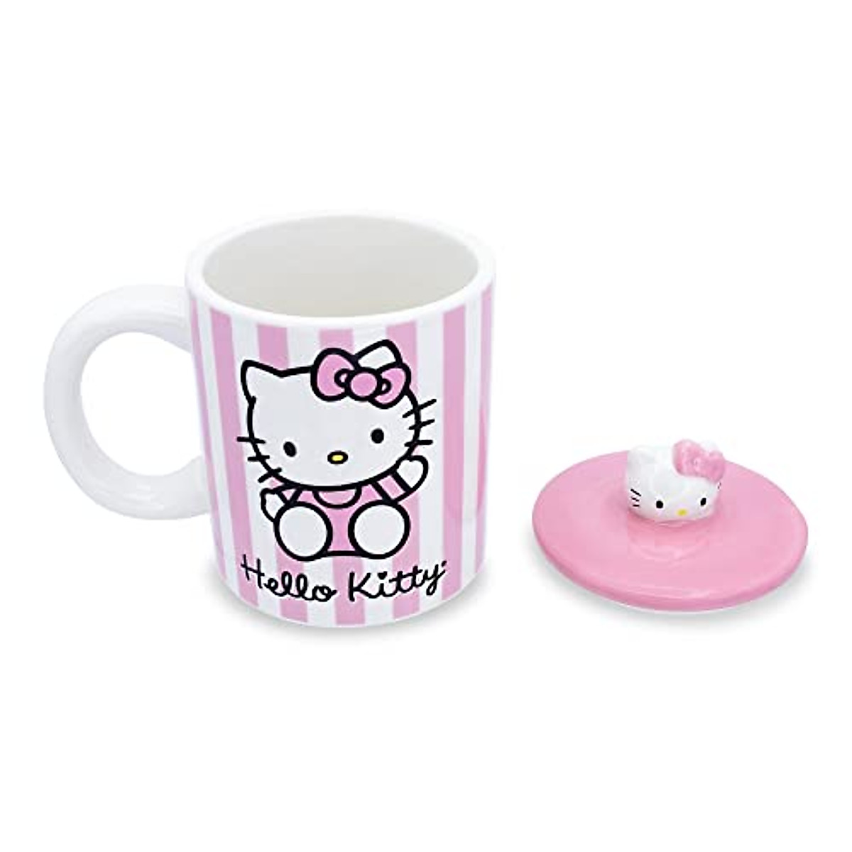 Toynk Hello Kitty Pink Stripes Ceramic Mug With Lid | Holds 18 Ounces