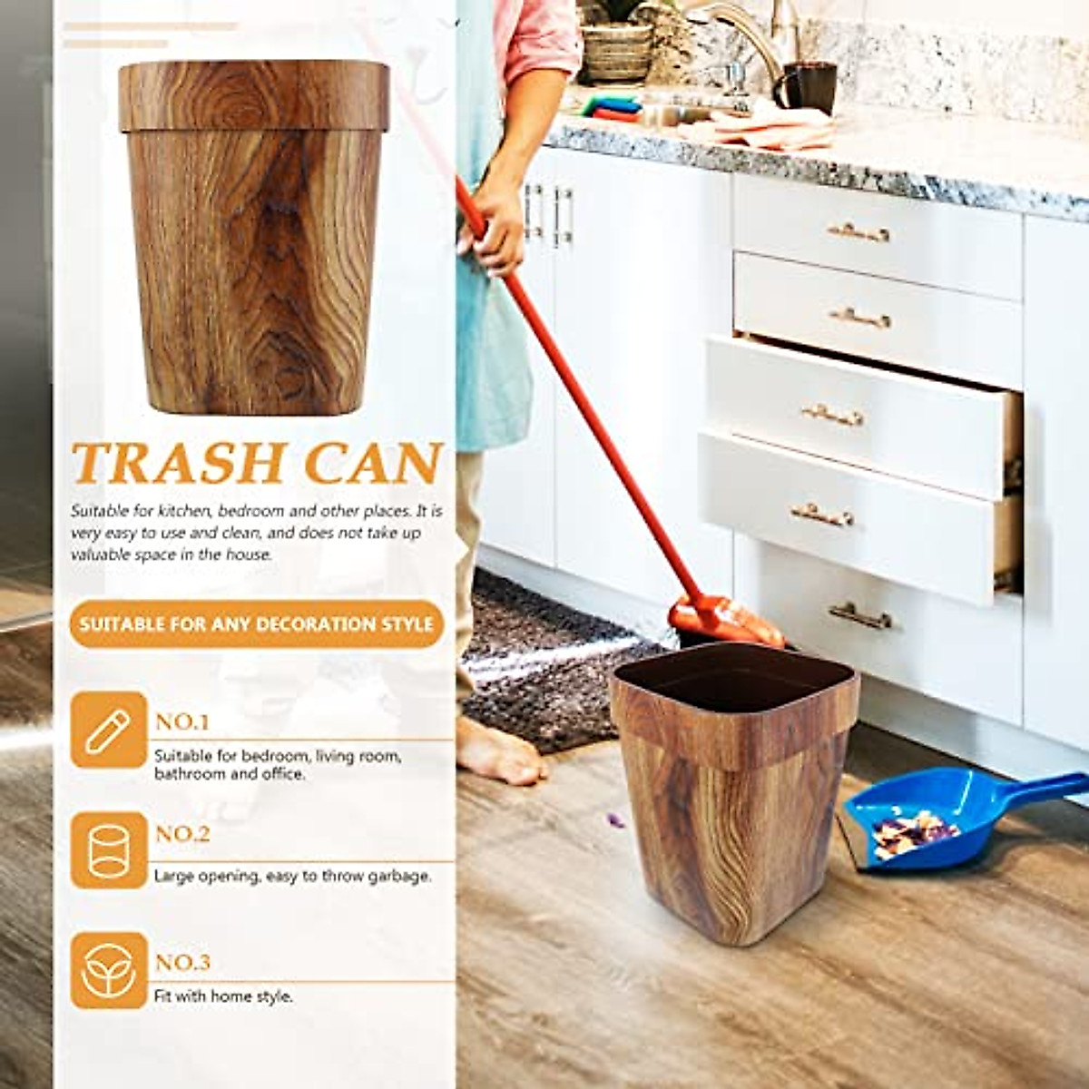 Zerodeko Plastic Trash Can Wood Grain Wastebasket Garbage Container Vintage Open Top Recycling Bin for Bathroom Bedroom Powder Rooms Home Office Dorm Brown 13 Gallon Trash can
