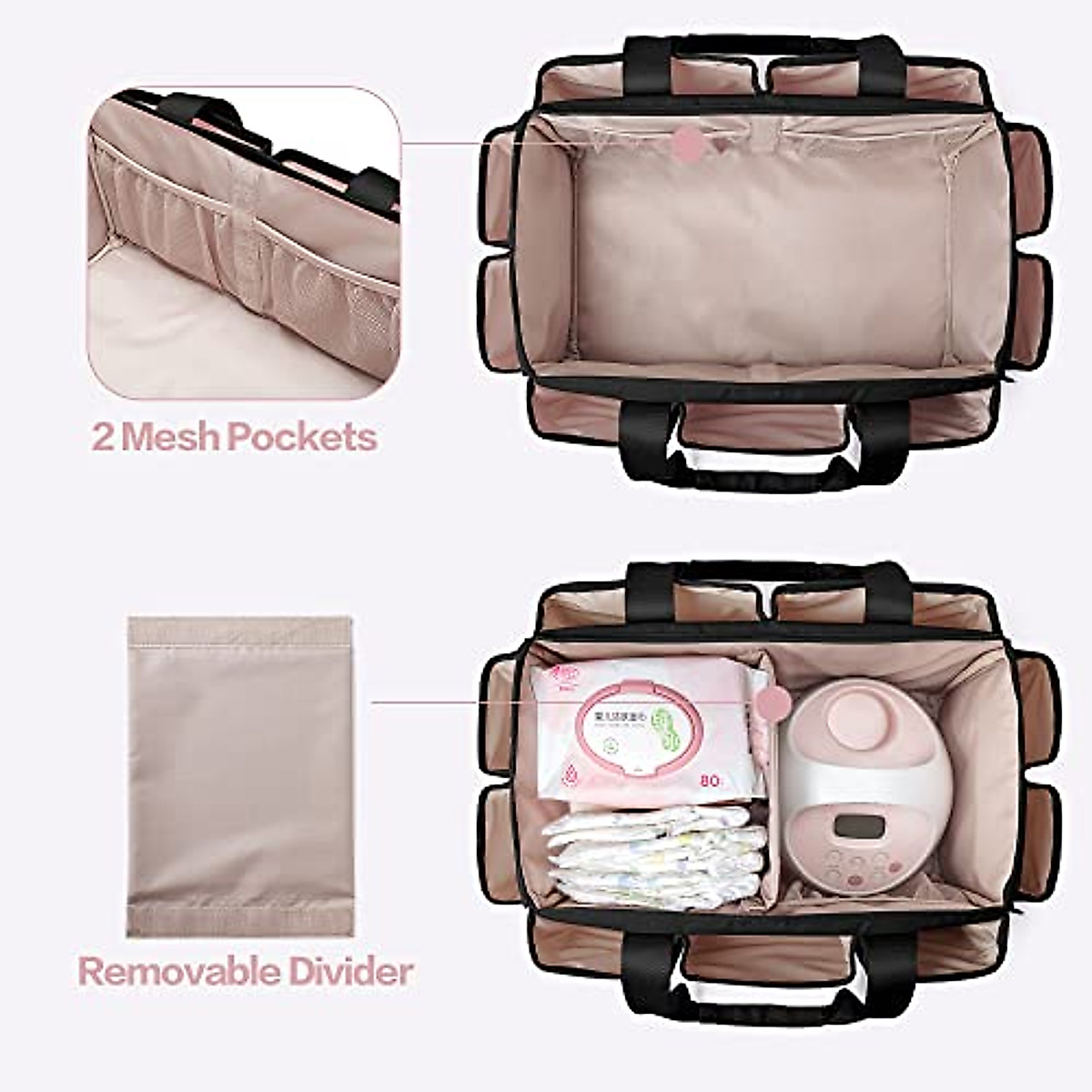 Fasrom Breast Pump Caddy Organizer Bag with Cooler Compatible with Spectra S1 and S2, Pumping Tote Bag Baby Diaper Storage Basket to Hold Pump Parts and Baby Items, Black (Patent Design)