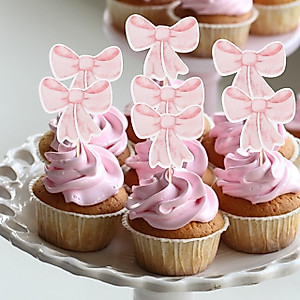 12Pcs Pink Bow Cupcake Toppers - Girls Birthday Party Decorations,Bow Tie Birthday Cupcake Toppers,Bachelorette Wedding Party Decorations,Pink Bow Girl Cake Smash Photo Props