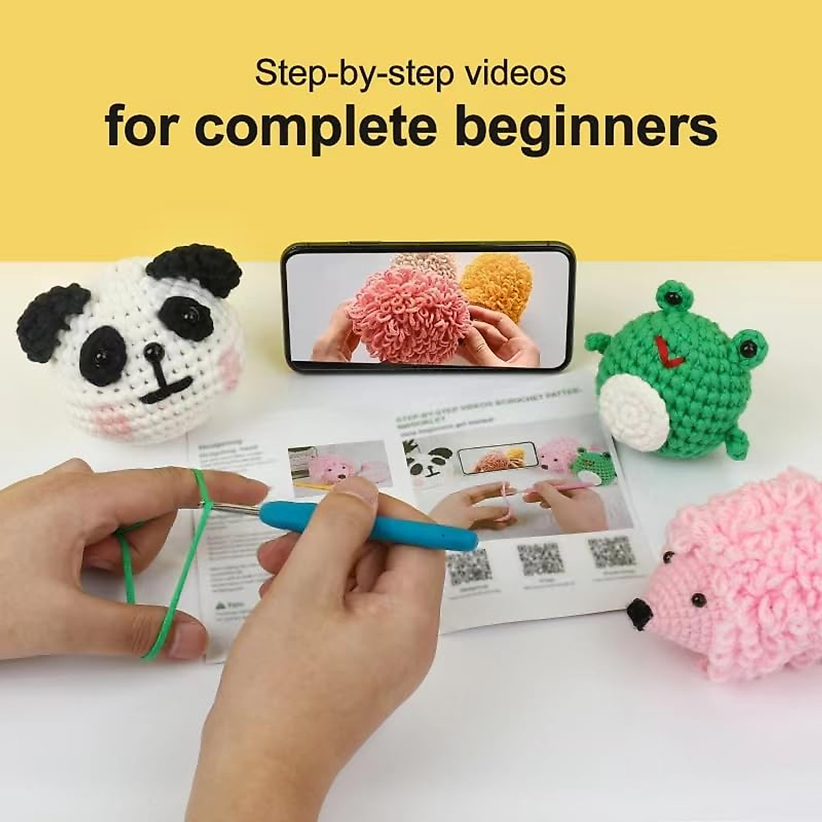 XSEINO Crochet Kit for Beginners - Crochet Start Kit with Step-by-Step Video Tutorials - Learn to Crochet Kits for Adults and Kids - Panda, Frog, Hedgehog