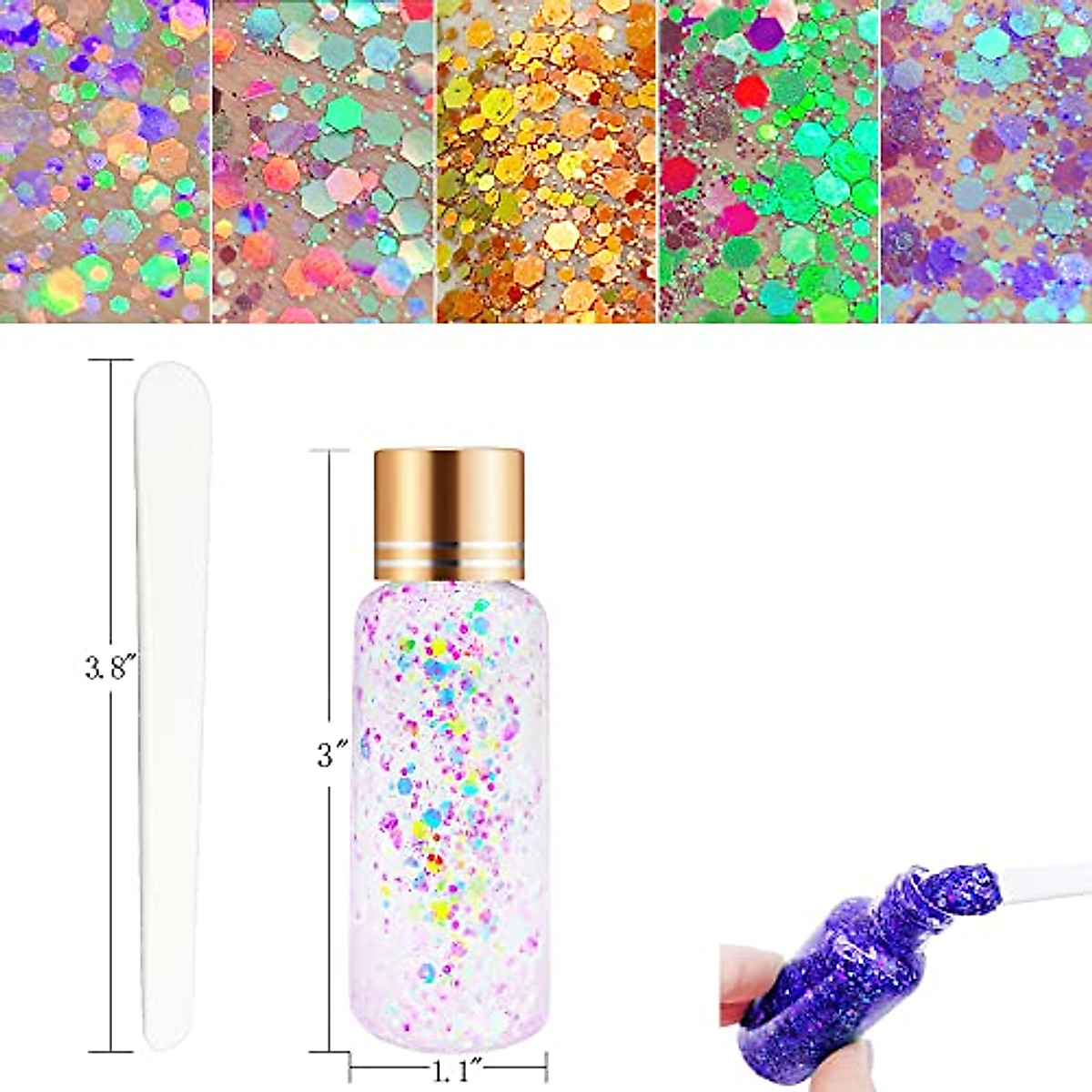 Body Face Glitter Gel SUPGIFT 5 Colors 7.8oz Holographic Chunky Chameleon Liquid Glitter Sequins Glue for Makeup Eyeshadow Hair Nail Slime Craft Resin with Spoon