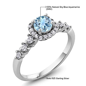 Gem Stone King 925 Sterling Silver Aquamarine and White Topaz Engagement Ring For Women | 0.87 Cttw | Gemstone Birthstone | Available 5,6,7,8,9 (Size 8)