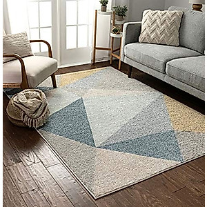 Well Woven Easton Modern Abstract Geometric Triangles Blue, Gold & Grey Area Rug 8x11 (7'10" x 9'10")