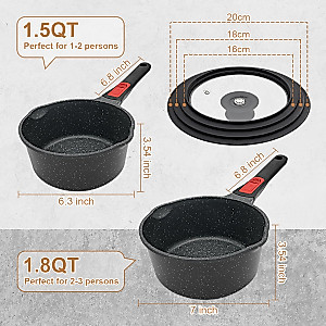 Bobikuke 1.8 Quart Saucepan with Lid, Nonstick Sauce Pan Small Soup Pots for Cooking, Sauce Pot with Lid Compatible for All Stoves, Milk Pan with Removeable Handle, Oven& Dishwasher Safe(Black)