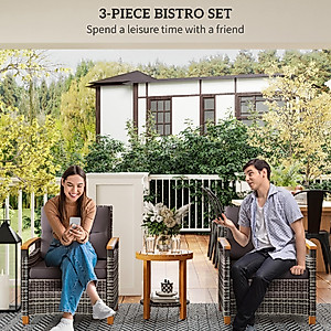 Outsunny 3 Pieces Wicker Outdoor Bistro Set, Rattan Patio Furniture Set with Acacia Wood Coffee Table and Porch Chairs for Backyard, Balcony, Garden, Gray