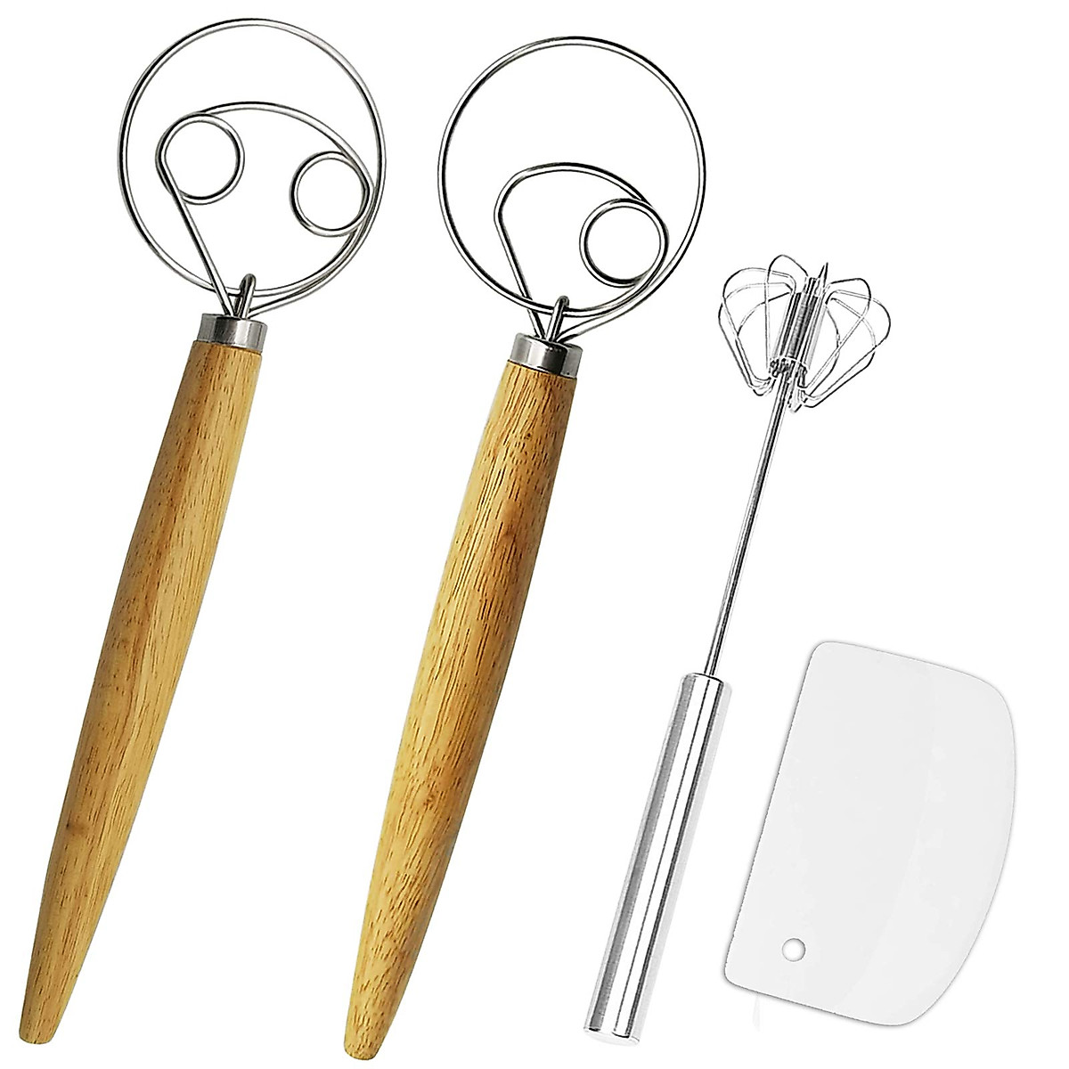 Listenman Danish Dough Whisk Bread Mixer&Egg Whisk Kits, 2 Pack Premium Stainless Steel Dutch Whisk & 1 Pack Hand Push Rotary Whisk Blender Pastry or Pizza Dough Whisk, with a Dough Scraper for Bread