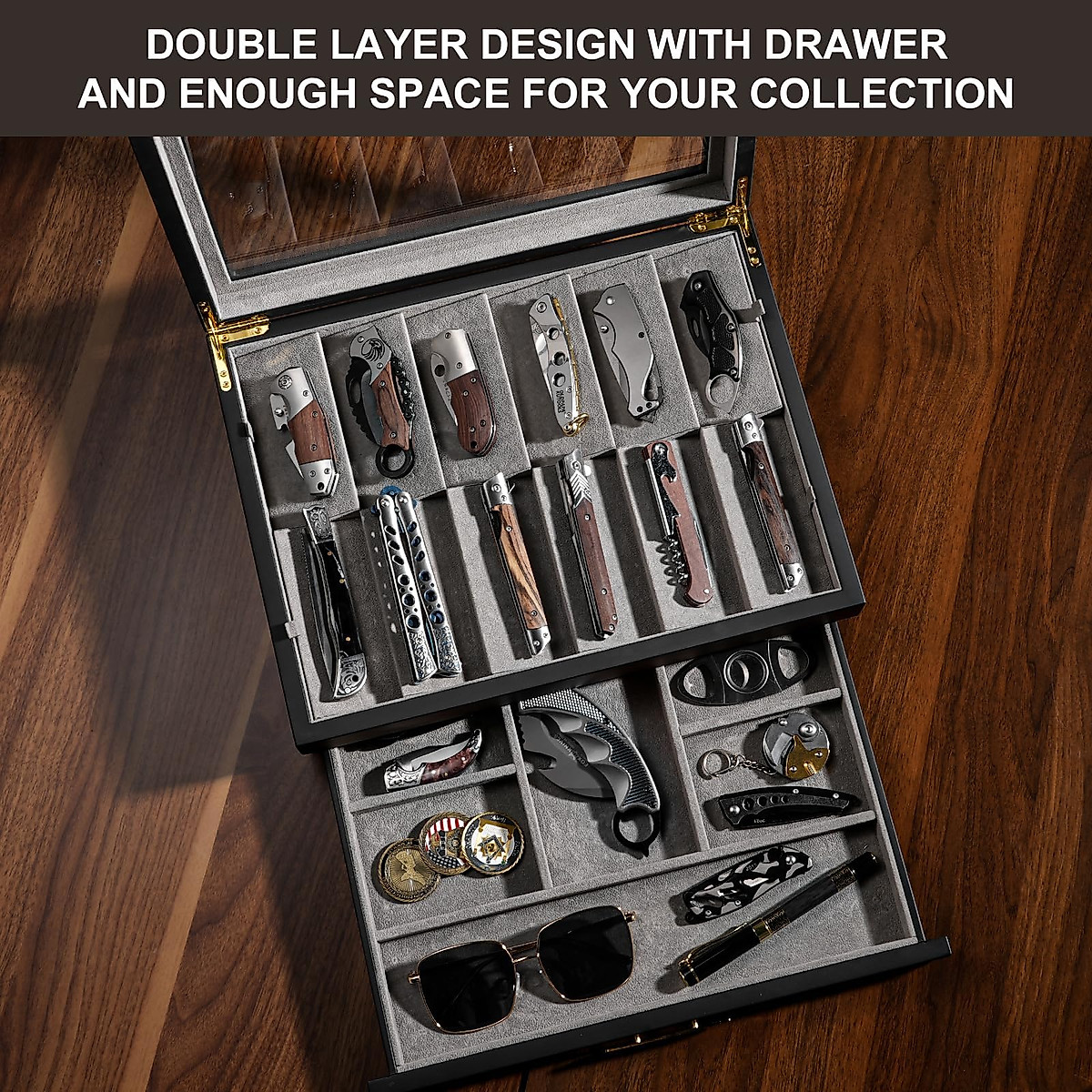 ikkle Pocket Knife Display Case, Knife Cases for Collections, Pocket Knife Case with Real Glass Window Top, Knife Display Case with Drawer, Two-Tire Pocket Knife Storage for Men Gift (Walnut)