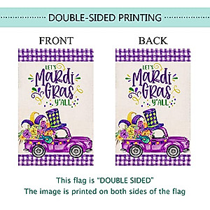 Baccessor Mardi Gras Y’all Garden Flag Double Sided Buffalo Plaid Mask Truck Fleur de Lis Masquerade Party Small Burlap Flag Spring Outdoor Yard Lawn Decoration 12.5 x 18 Inch