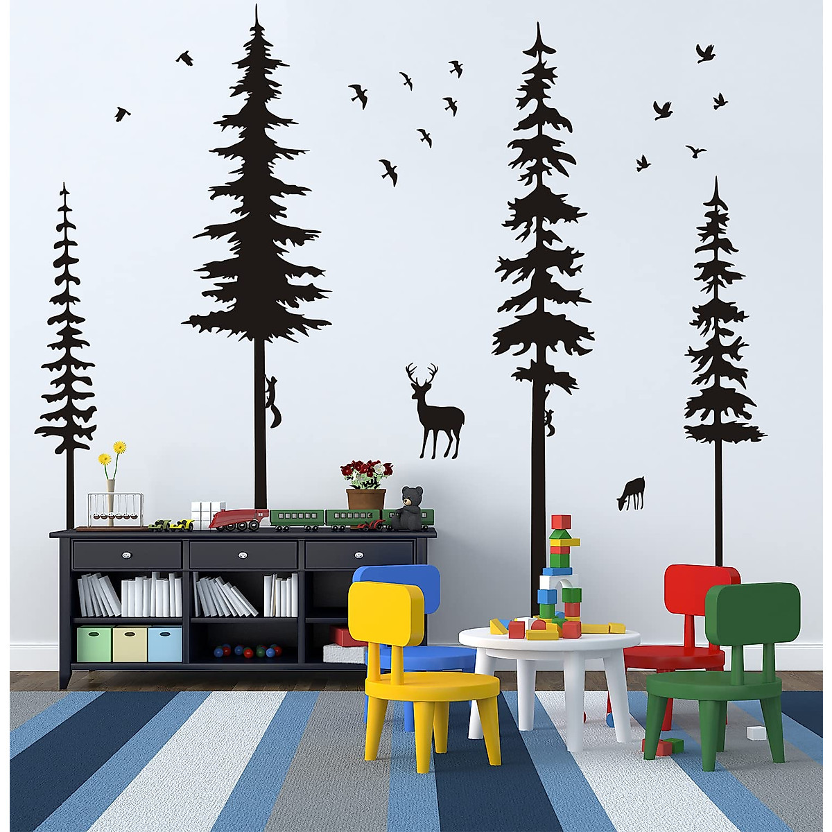 Pine Tree Wall Decals Woodland Vinyl Wall Sticker Forest Wall Decals with Animal Wall Stickers Squirrels Deers Wall Stickers for Kids Nursery Children Room Living Room Wall Decoration (Black)