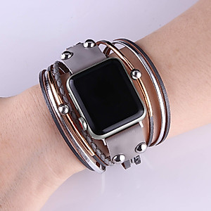 VIKOROS Multi-Layer Leather Wrap Bracelet Compatible with Apple Watch Ultra SE Series 8 7 6 5 4 3 40mm 38mm 41mm for Women Mens, Boho Stylish Cuff Bangle Watch Strap for Iwatch Bands , Silver Grey