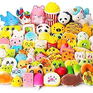 WATINC Random 70Pcs Squeeze Toys, Birthday Gifts for Kids Party Favors, Slow Rising Simulation Bread Squeeze Stress Relief Toys Goodie Bags Egg Filler, Keychain Phone Straps, 1 Jumbo Squeeze Include