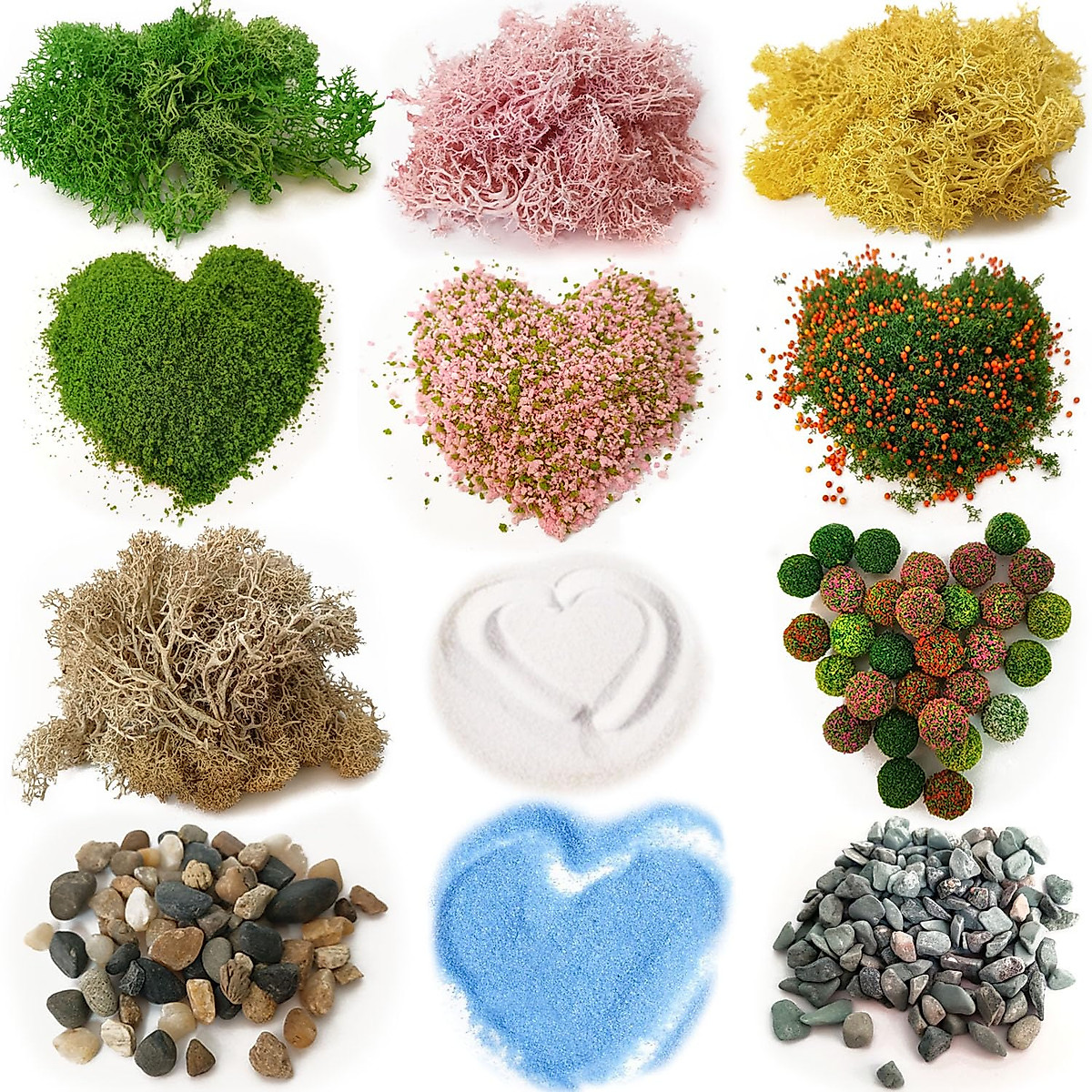 QuarenDen Scenery Miniature Basing Kit, 12 Bags, Basing Material Kit, Model Scenery Kit, Decorative Sand, Stone, Grass, Moss Stick, River for Model Railway, Fairy Garden Diorama Scenery