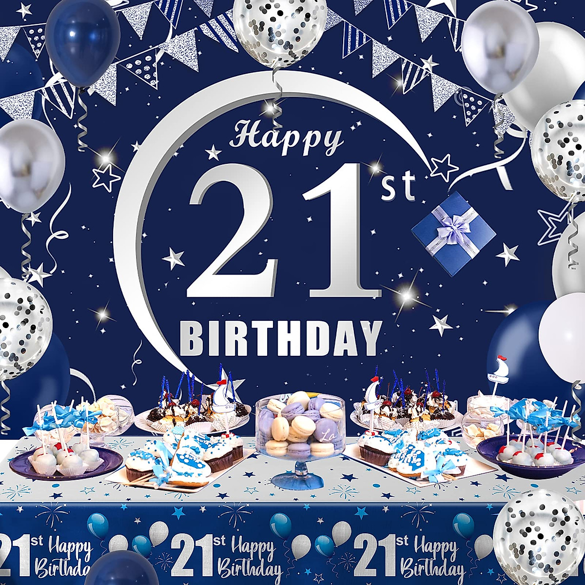 21st Birthday Decorations for Her & Him - Blue Party Supplies & Backdrop
