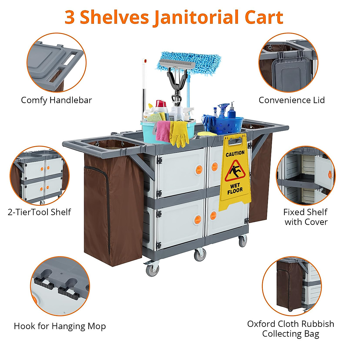Commercial Janitorial Cart with 4 Cabinet - Black Housekeeping Caddy with Cover, Shelves, Service Cart, and Vinyl Bag