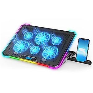KYOLLY RGB Cooling Pad Gaming Laptop Cooler, Laptop Fan Cooling Stand with 6 Quiet for 15.6-17.3 inch laptops, 9 Height Stand, LED Lights & LCD Screen, 2 USB Ports, Lap Desk Use