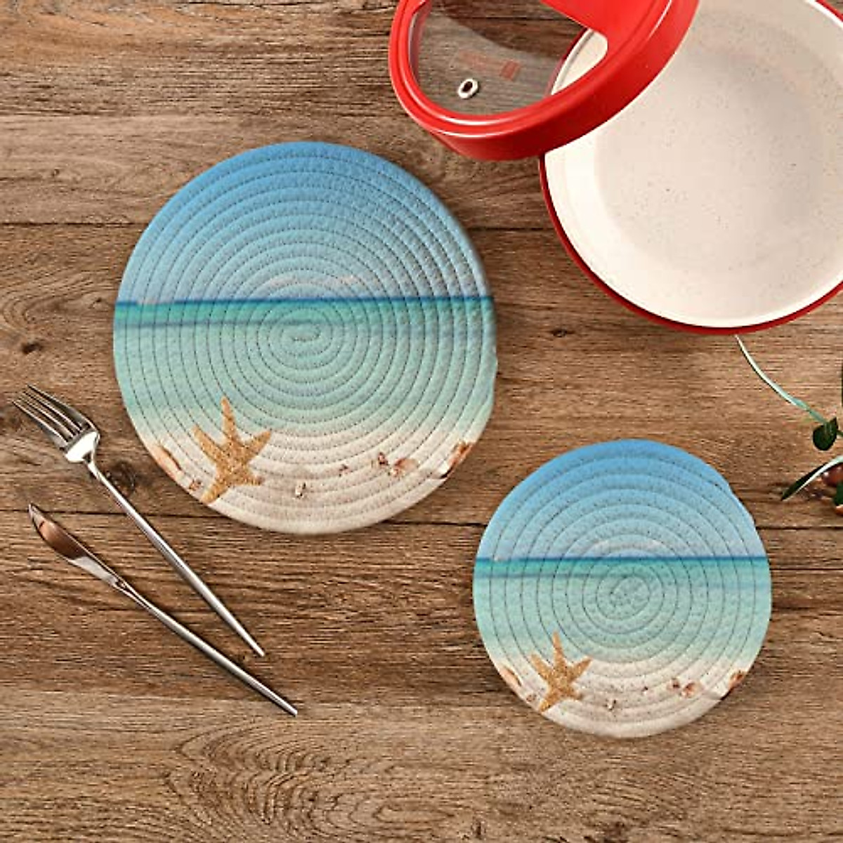 Summer Starfish Sandy Hot Mats Pads for Kitchen Heat Resistant, Seaside Coast Decorative Trivets for Hot Pots Pans Counter Tops Dining Washable Pot Holder Coasters Set