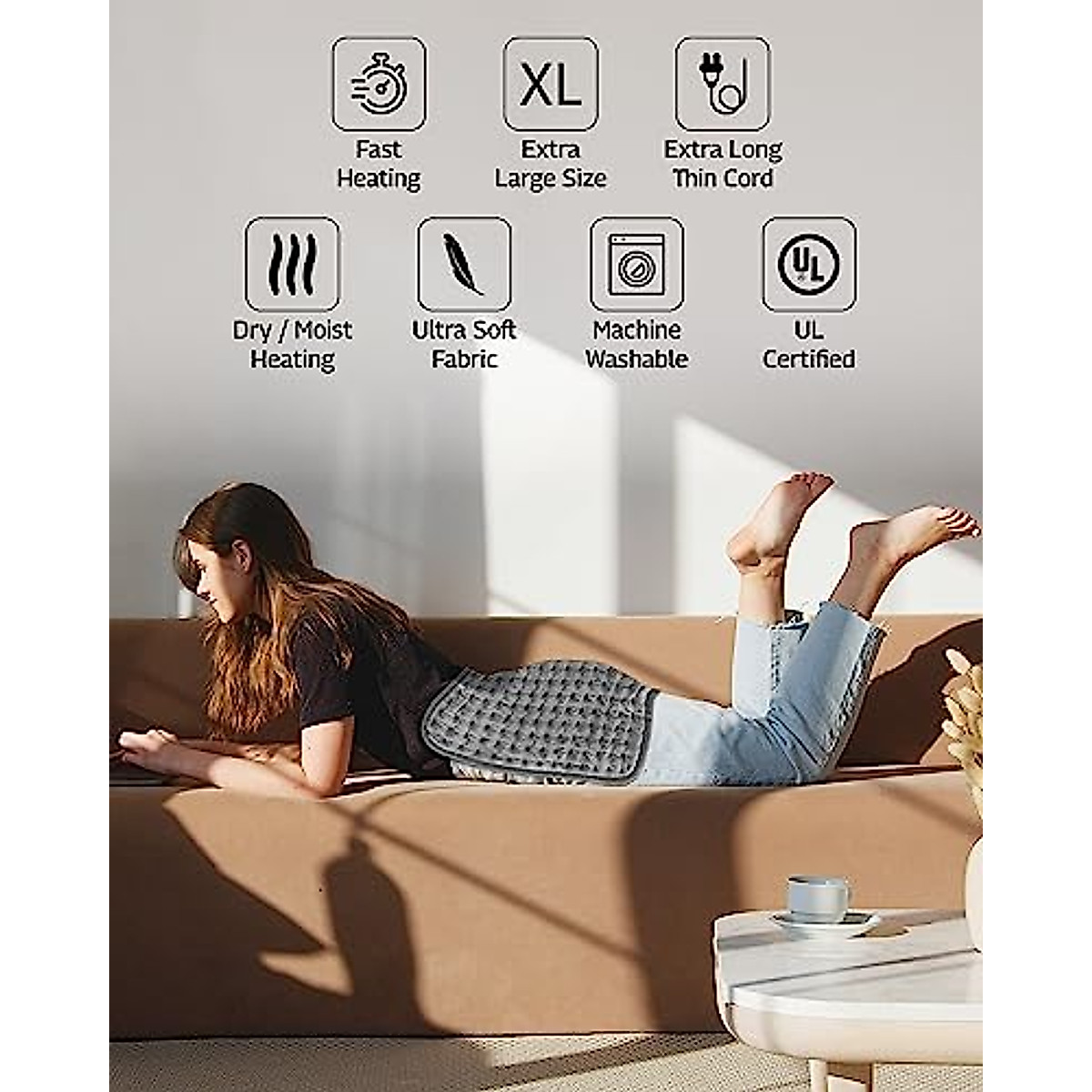 New 2023 Electric Heating Pad for Back Pain, Cramps, Neck, and Shoulders Pain Relief 12x24 UL Certified Double-Sided Ultra Soft Microplush Heat Pad - Dry & Moist Heat Patch with Lux Storage Bag (Gray)