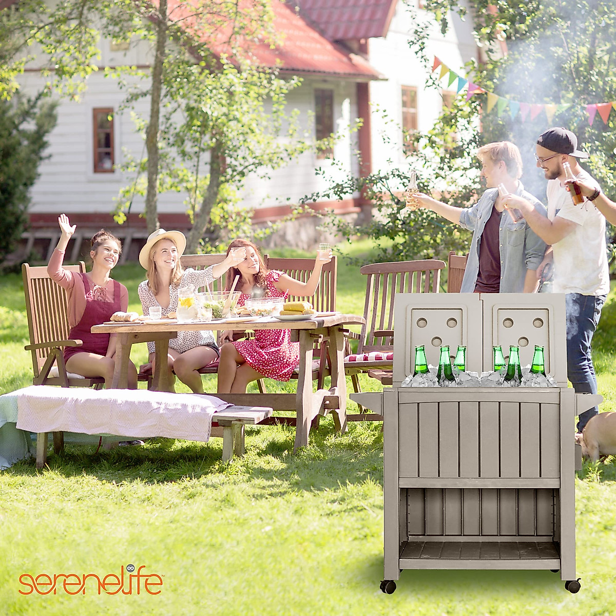 SereneLife 80 Quart Rolling Cooler Ice Chest, Portable Patio Party Bar Drink Cooler Cart on Wheels, Beverage Cart for Pool, includes Ice Bucket, Bottle Opener, and Shelf