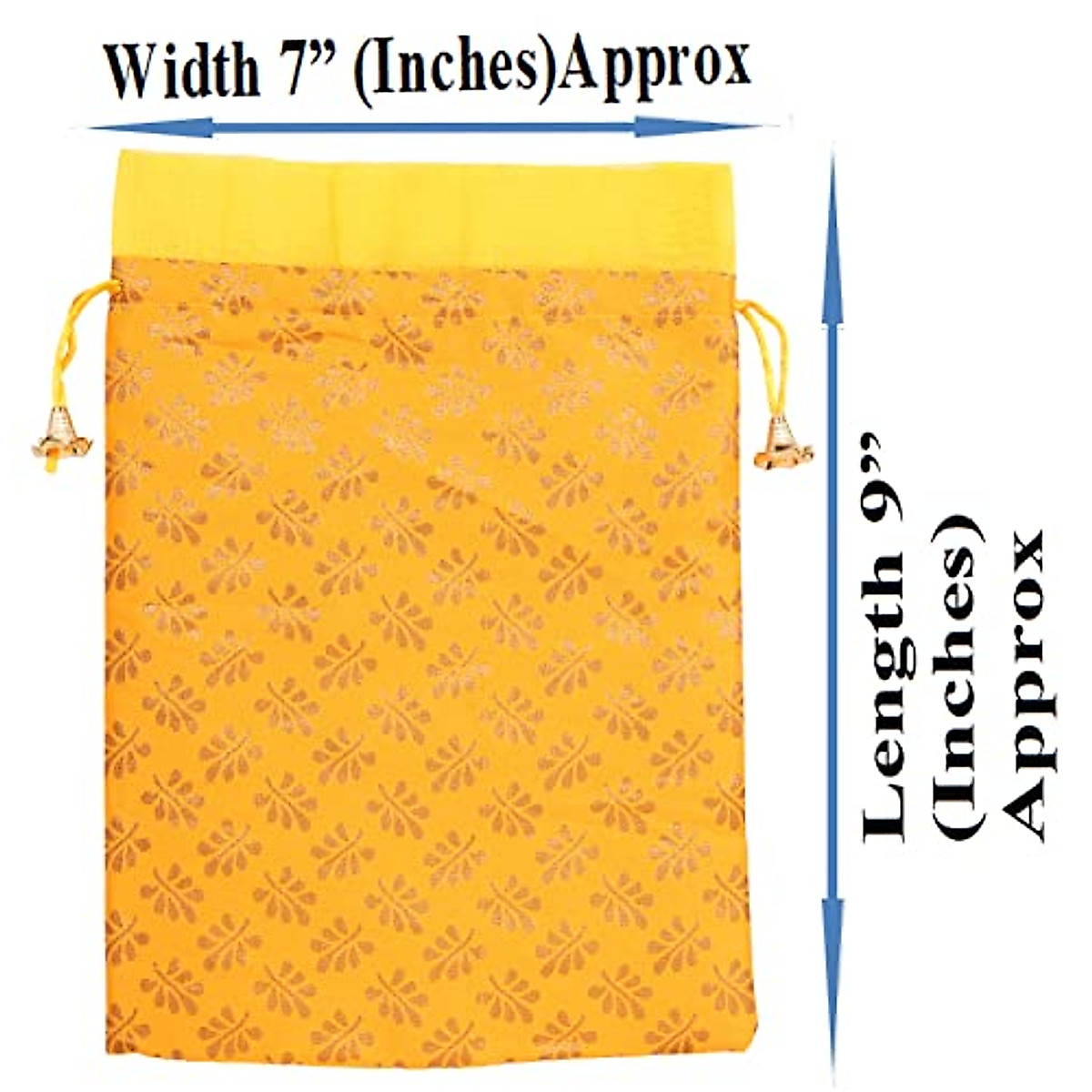 Touchstone Drawstring Bags Traditional Indian Handcrafted in Mimosa leaf Pattern Brocade fabric. Perfect for Gifts Jewelry Weddings Sweet Distribution Set of 9 Vibrant Yellow Pouches Purses Potli.