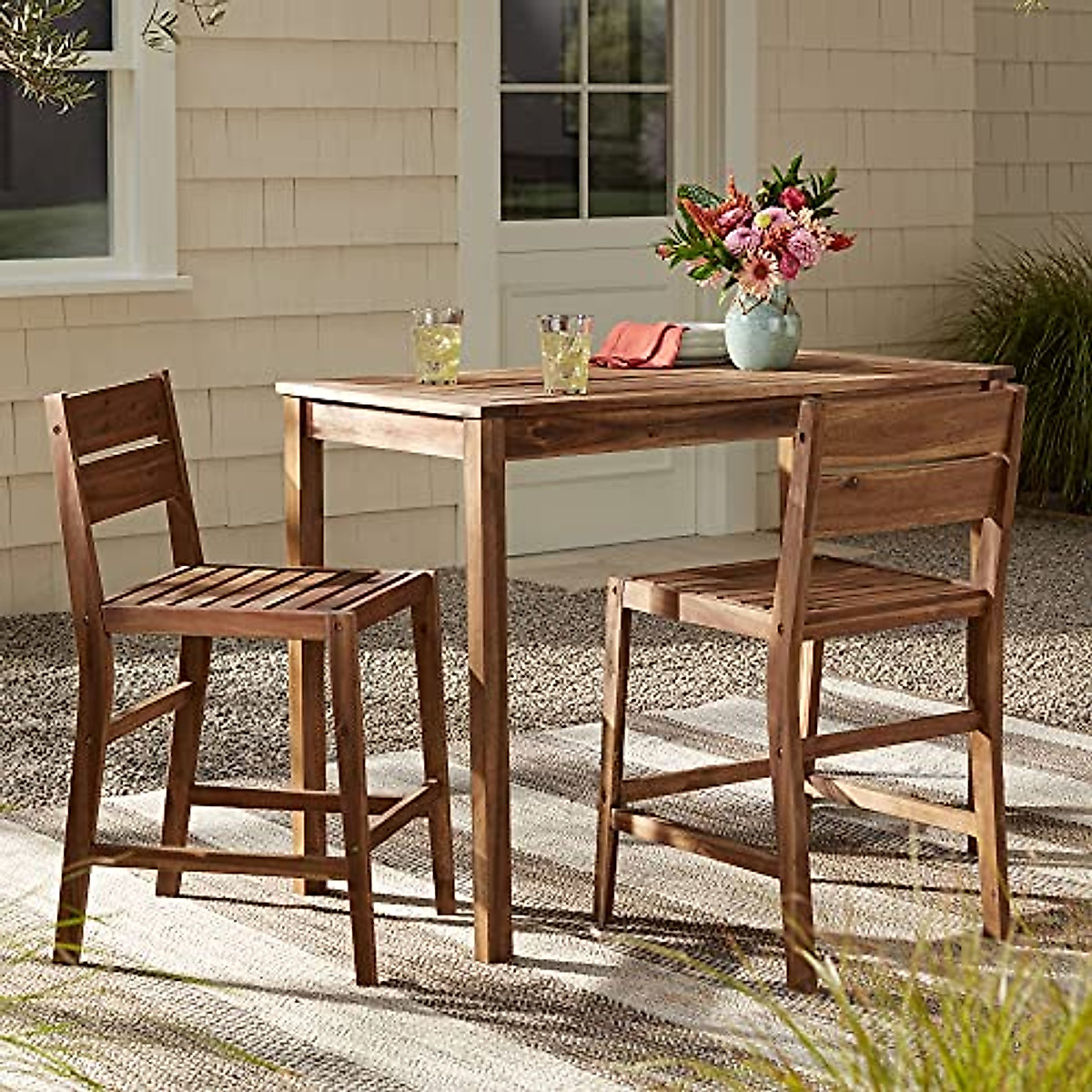 Teal Island Designs Nova Natural Acacia Wood Outdoor Bar Stools Set of 2 Brown 24" High Farmhouse Rustic Plank Seat with Ladder Backrest Footrest for Kitchen Counter Island Patio Garden Balcony