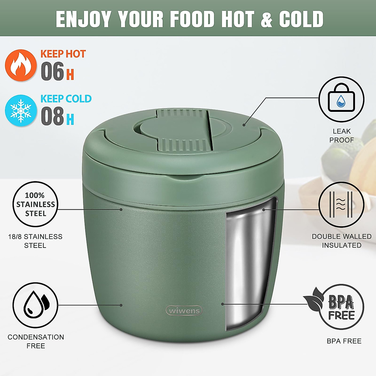 wiwens Thermo Food Jar for Hot Food Adults 32OZ Soup Thermo Lunch Containers Wide Mouth Vacuum Insulated Stainless Steel Leakproof Bento Box with Spoon (Green)